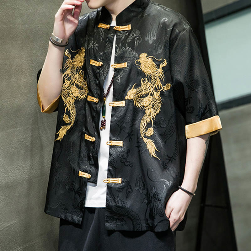 Buddha Stones Frog-Button Chinese Dragon Embroidery Half Sleeve Shirt ...