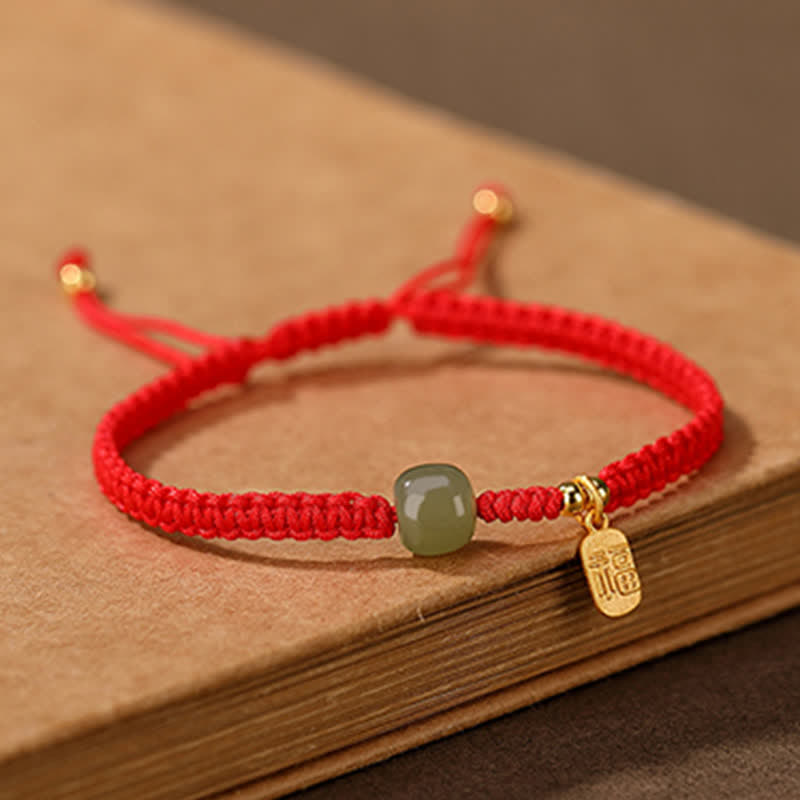 Buddha Stones 925 Sterling Silver Hetian Jade Blessing Wealth Red Stri ...