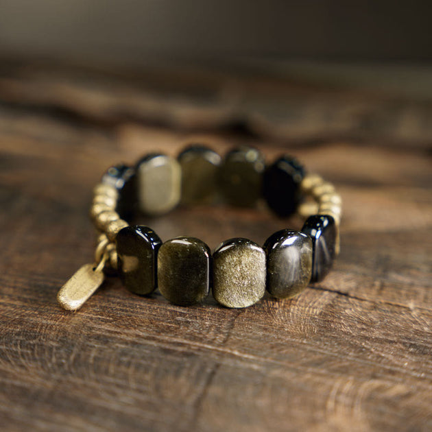 Buddha Stones Black Obsidian Gold Sheen Obsidian Strengthen Bracelet ...