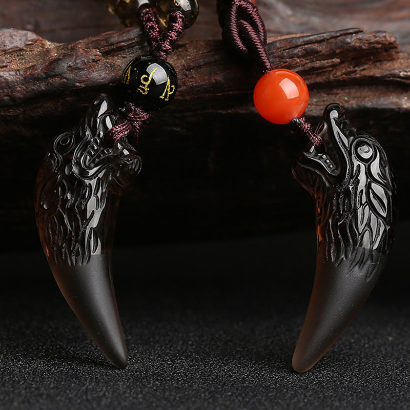 Buddha Stones Natural Ice Obsidian Wolf Tooth Pattern Courage Necklace ...