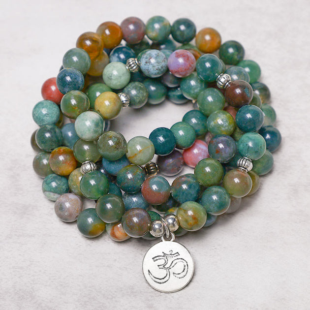 Buddha Stones 108 Mala Beads Indian Agate Lotus OM Buddha Tree of life ...