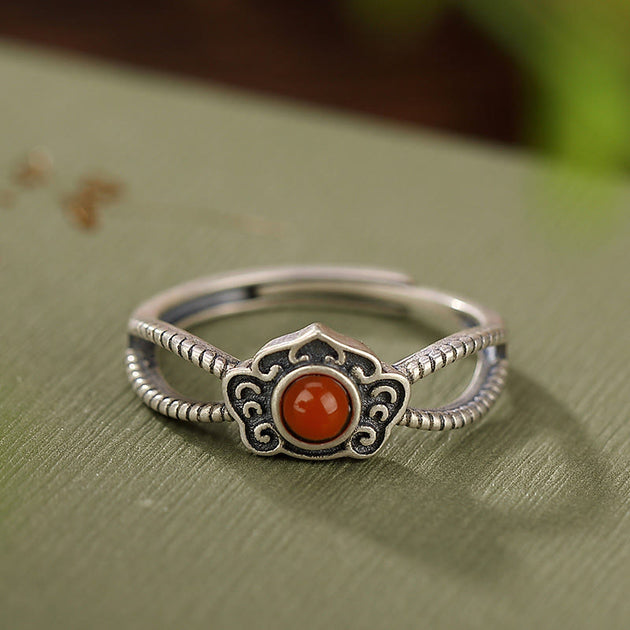 Buddha Stones 925 Sterling Silver Red Agate Bead Logical Thinking Ring ...