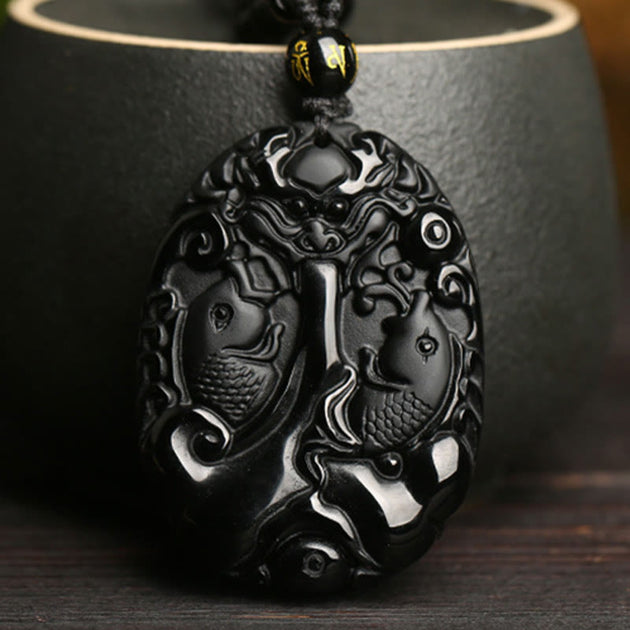Buddha Stones Black Obsidian Koi Fish Bead Rope Fulfilment Strength Ne ...