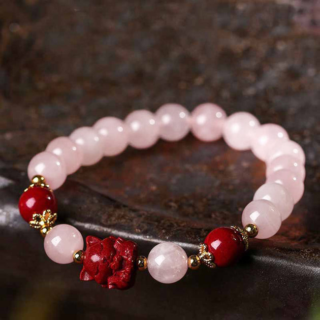 Buddha Stones Natural Pink Crystal Cinnabar Nine Tailed Fox Love Brace ...