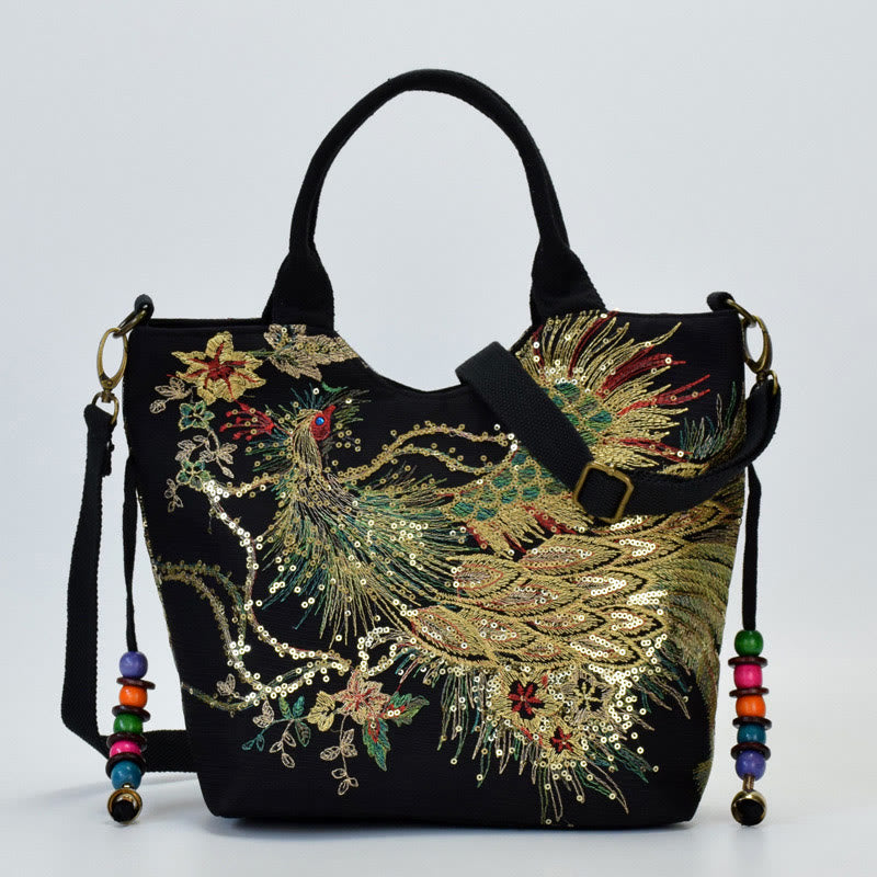 Buddha Stones Peacock Double-sided Embroidery Tote Bag Shoulder Bag Cr ...