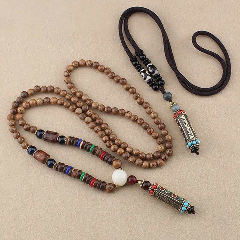 Buddha Stones Tibetan Om Mani Padme Hum Dzi Bead Wenge Wood Necklace P ...