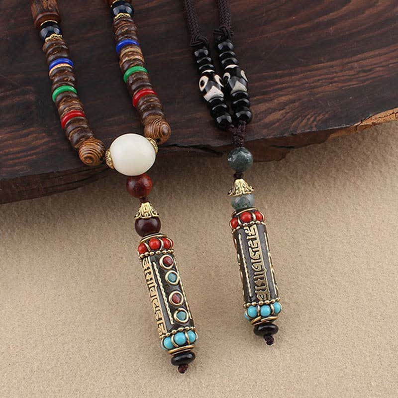 Buddha Stones Tibetan Om Mani Padme Hum Dzi Bead Wenge Wood Necklace P ...