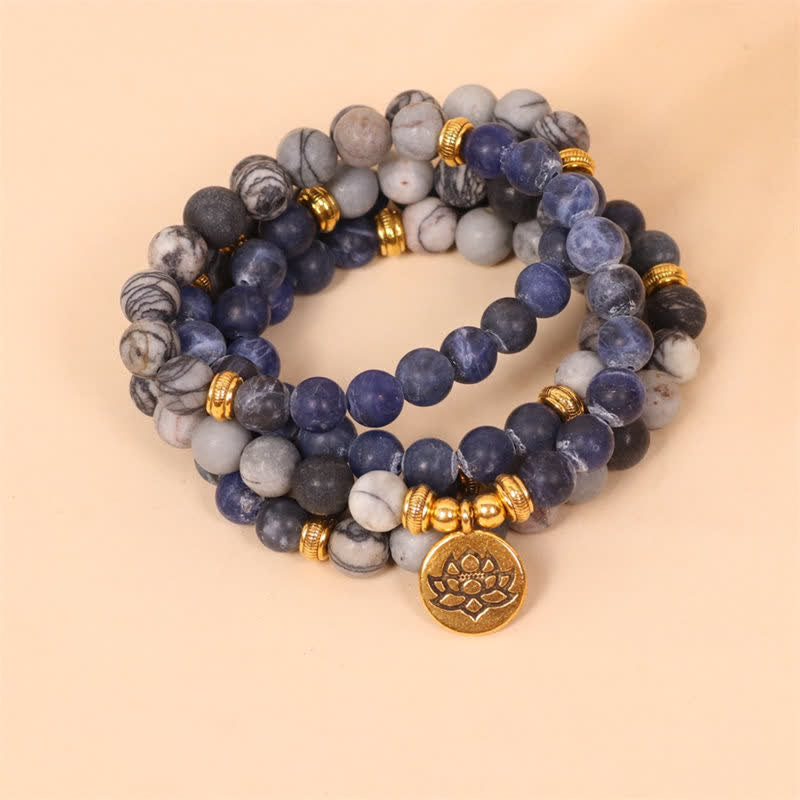 Buddha Stones 108 Mala Beads Sodalite Zebra Jasper Crystal Lotus Stren ...