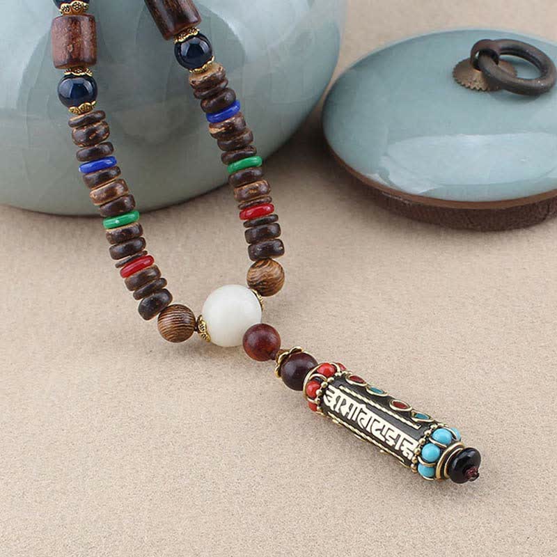 Buddha Stones Tibetan Om Mani Padme Hum Dzi Bead Wenge Wood Necklace P ...