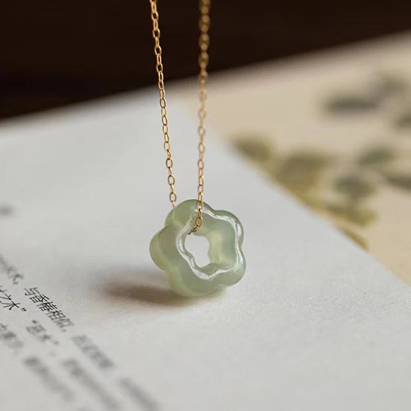 Buddha Stones Dainty Hetian Jade Cyan Jade Luck Floral Charm Necklace ...