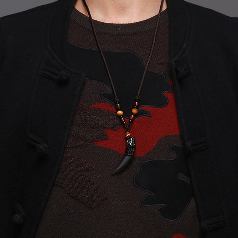 Buddha Stones Natural Ice Obsidian Wolf Tooth Pattern Courage Necklace ...