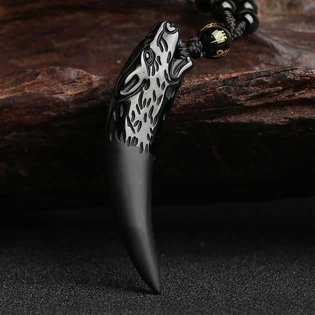 Buddha Stones Natural Ice Obsidian Wolf Tooth Pattern Courage Necklace ...