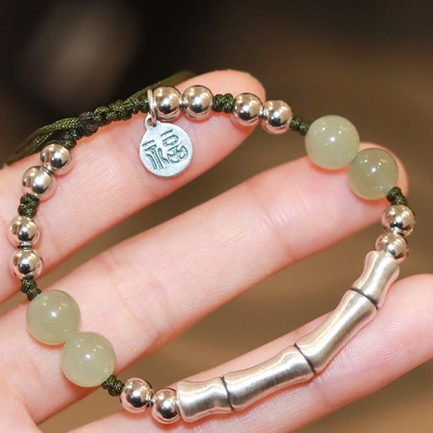 Buddha Stones 925 Sterling Silver Natural Jade Fu Character Bamboo Abu ...
