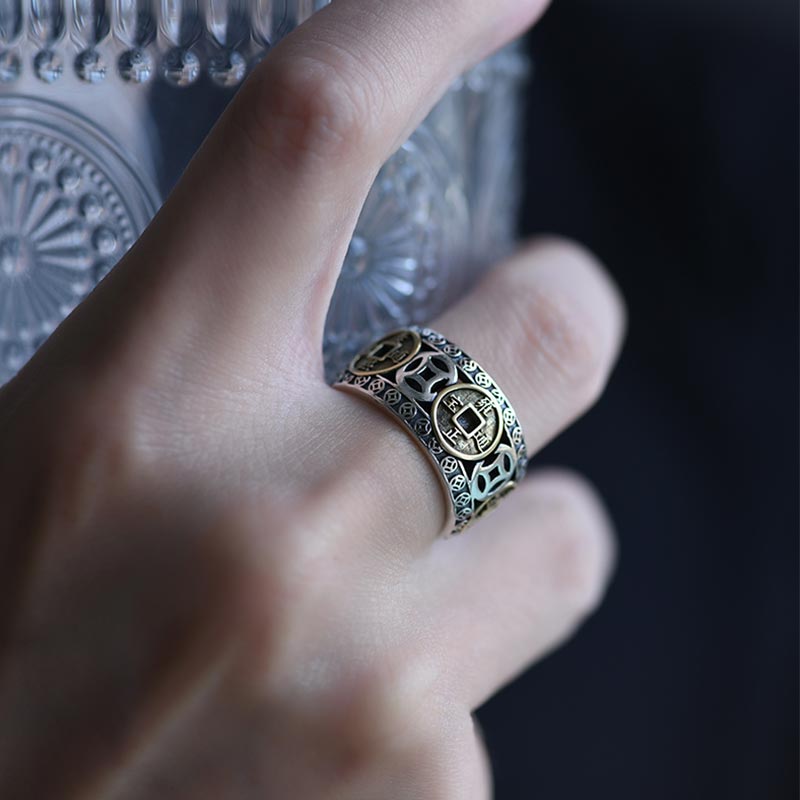 Buddha Stones Five-Emperor Coins Balance Adjustable Ring – buddhastoneshop