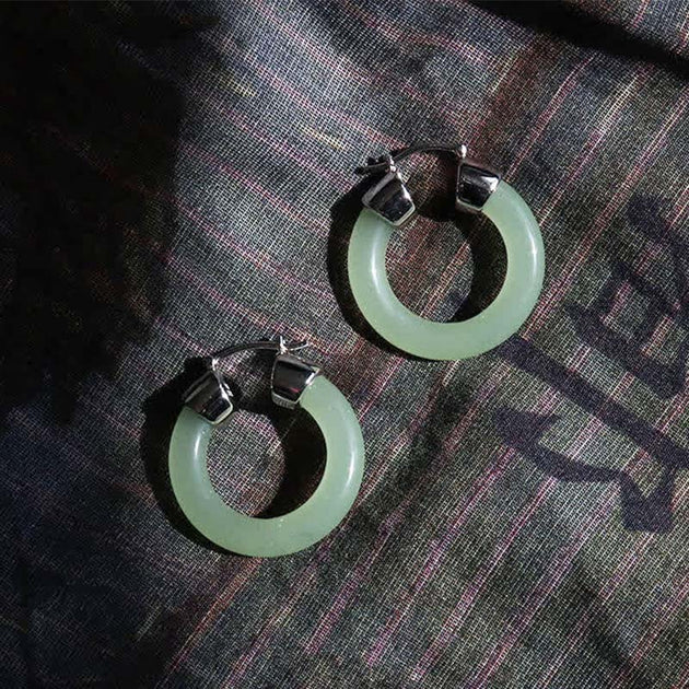 Buddha Stones Round Jade White Jade Prosperity Earrings – buddhastoneshop