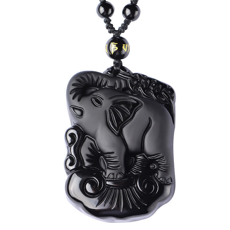 Black Obsidian Elephant Protection String Necklace Pendant Key Chain ...
