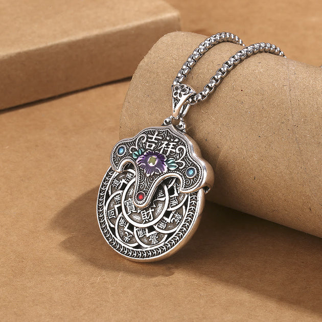 Buddha Stones Peony Flower Copper Coins Wealth Necklace Pendant ...
