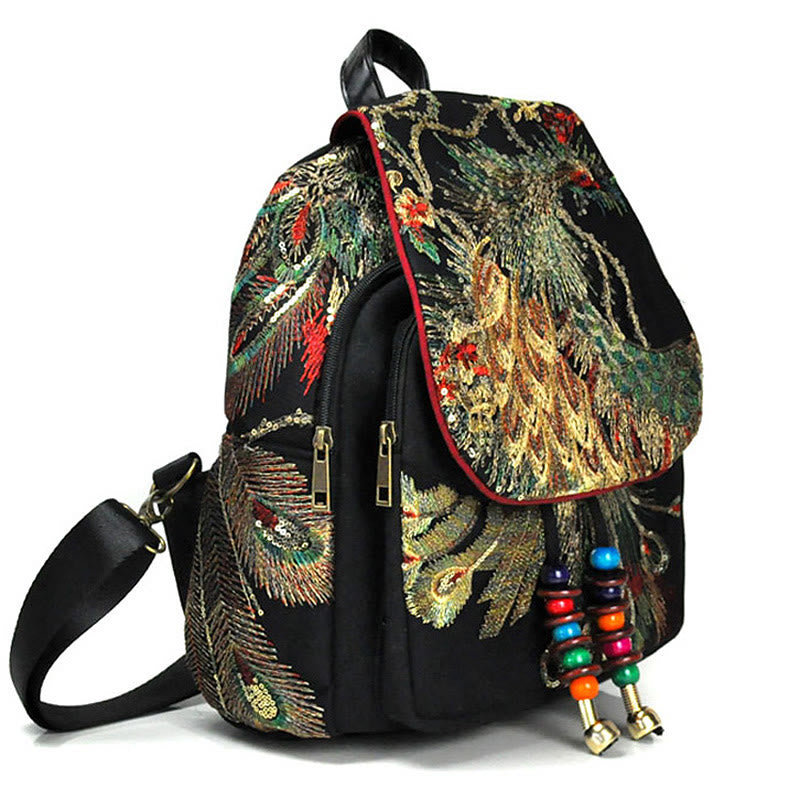 Buddha Stones Peacock Embroidery Canvas Tassel Backpack – buddhastoneshop