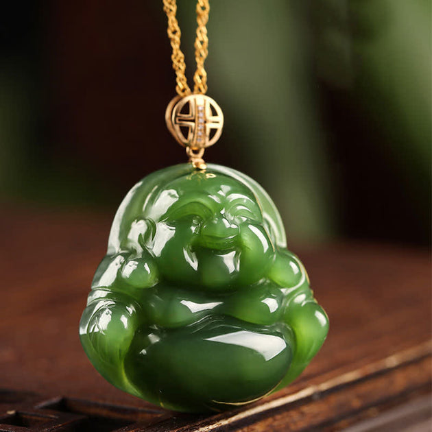 Buddha Stones 925 Sterling Silver Laughing Buddha Hetian Cyan Jade 18K ...