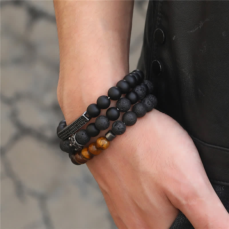 Buddha Stones 3Pcs Frosted Stone Lava Rock Tiger Eye Activate Bracelet ...