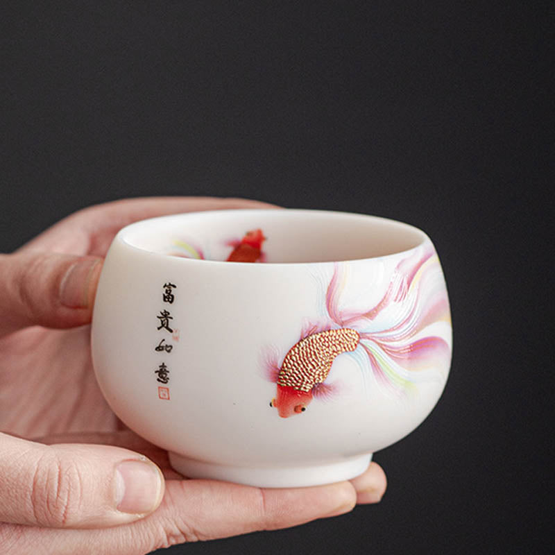 Buddha Stones Koi Fish White Porcelain Ceramic Teacup Kung Fu Tea Cup ...