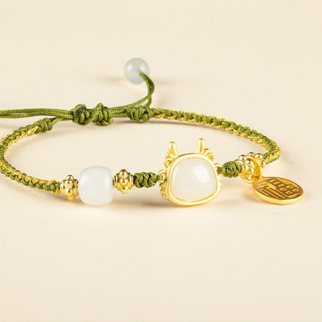 Buddha Stones Handmade Year of the Dragon White Jade Fu Character Desi ...