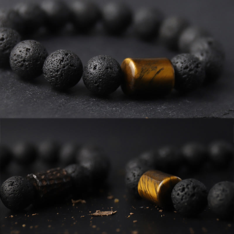 Buddha Stones Lava Rock Ebony Wood Tiger Eye Support Healing Bracelet ...