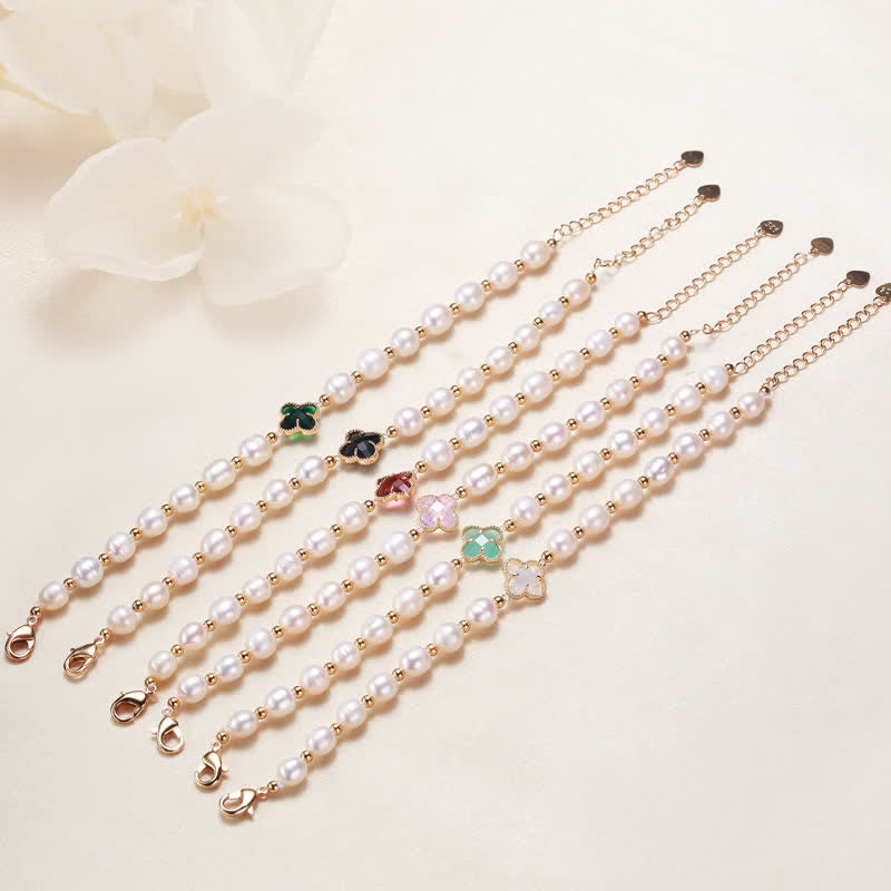 Buddha Stones Pearl Four Leaf Clover Wealth Chain Bracelet ...