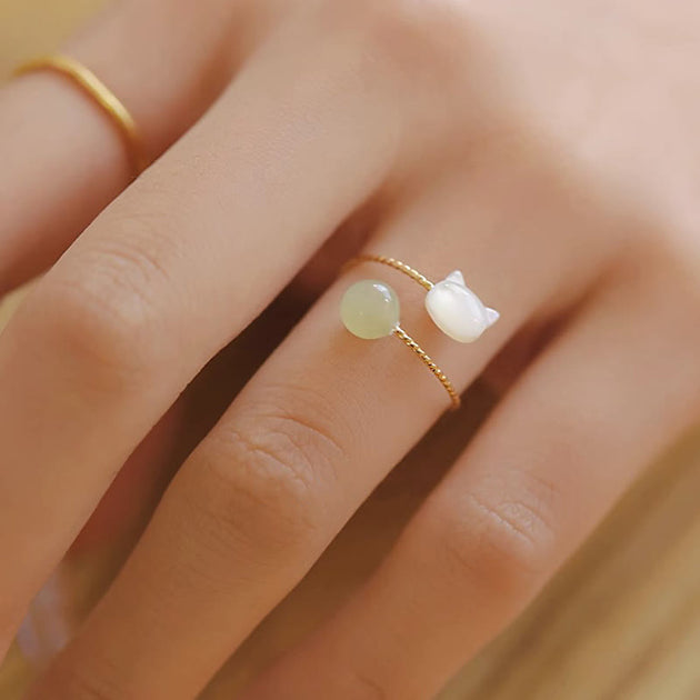 Buddha Stones Tridacna Stone Cat Head Jade Bead Blessing Ring ...