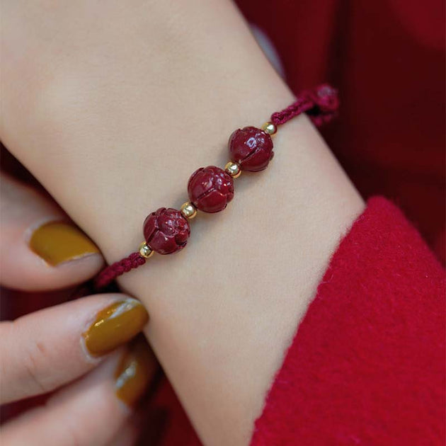 Buddha Stones Cinnabar Jade Lotus Calm Red String Weave Bracelet ...