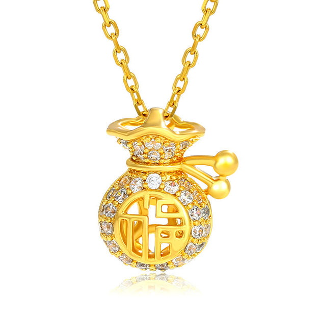24K Gold Plated Fu Character Fortune Money Bag Necklace Pendant ...