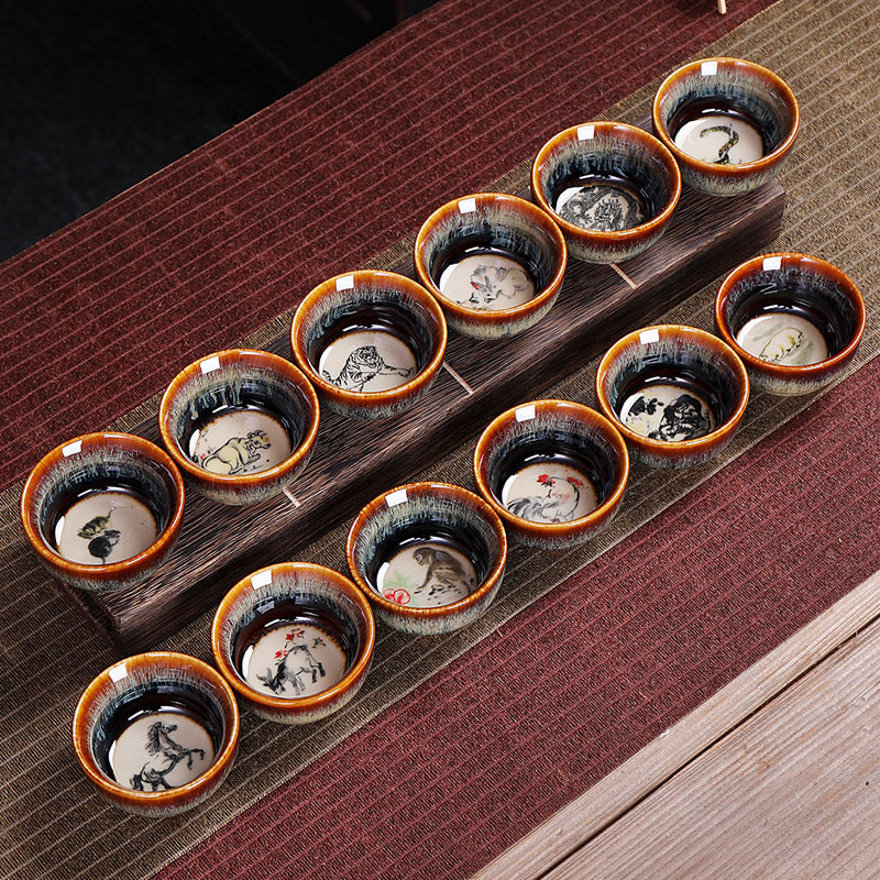 Buddha Stones 12 Chinese Zodiac Pattern Ceramic Teacup Kung Fu Jian Ch ...