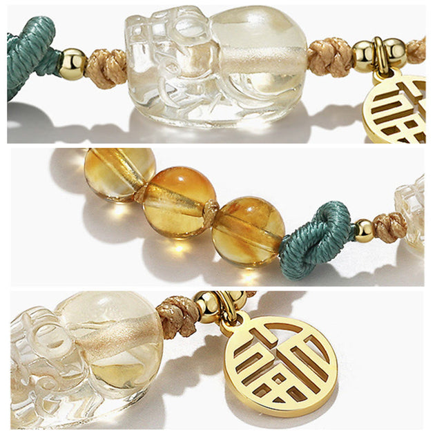 Buddha Stones Citrine PiXiu Fu Character Prosperity String Braided Bra ...