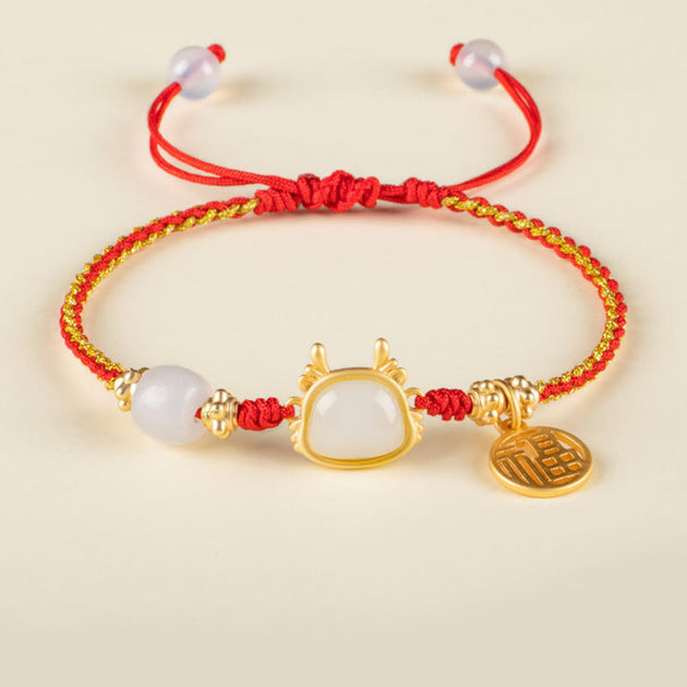 Buddha Stones Handmade Year of the Dragon White Jade Fu Character Desi ...