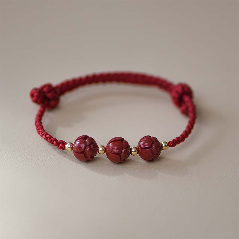 Buddha Stones Cinnabar Jade Lotus Calm Red String Weave Bracelet ...