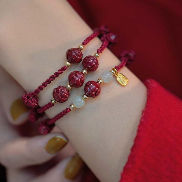 Buddha Stones Cinnabar Jade Lotus Calm Red String Weave Bracelet ...