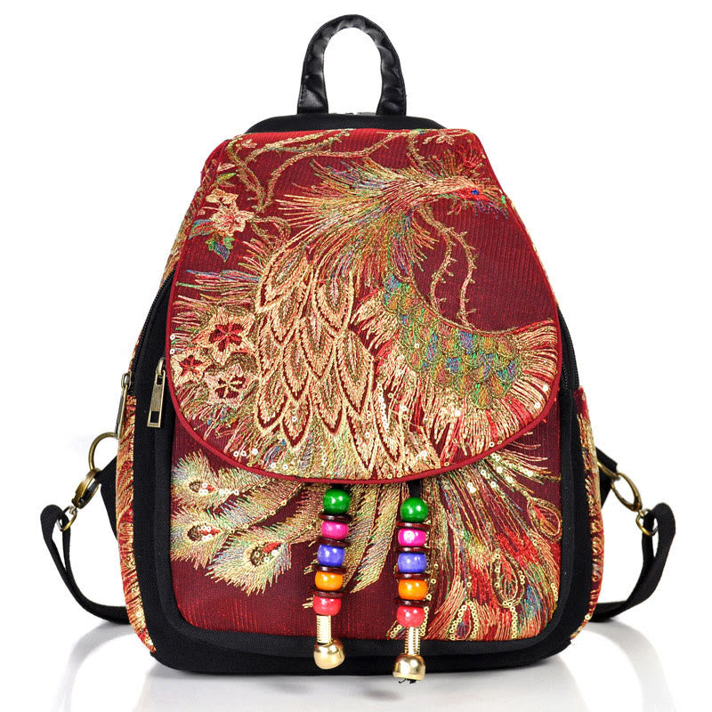 Buddha Stones Peacock Embroidery Canvas Tassel Backpack – buddhastoneshop
