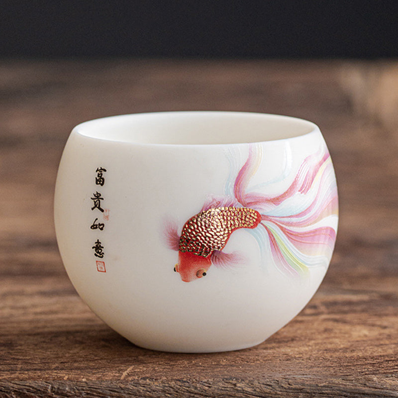 Buddha Stones Koi Fish White Porcelain Ceramic Teacup Kung Fu Tea Cup ...