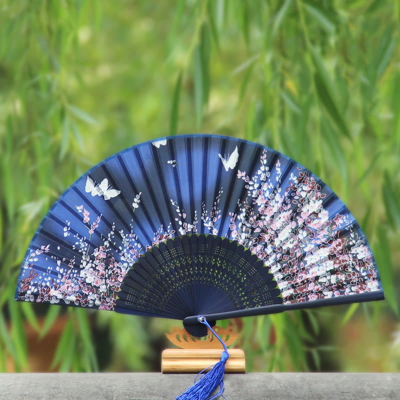 Buddha Stones Butterfly Flowers Handheld Bamboo Folding Fan ...