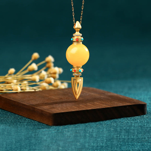24K Gold Plated Amber Dorje Vajra Clear Anxiety Necklace Pendant ...