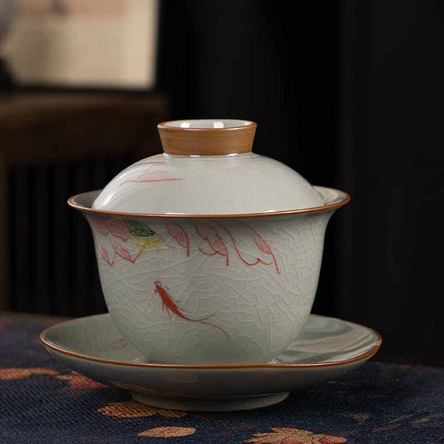 Buddha Stones Lotus Koi Fish Pod Leaf Ceramic Gaiwan Sancai Teacup Kun ...