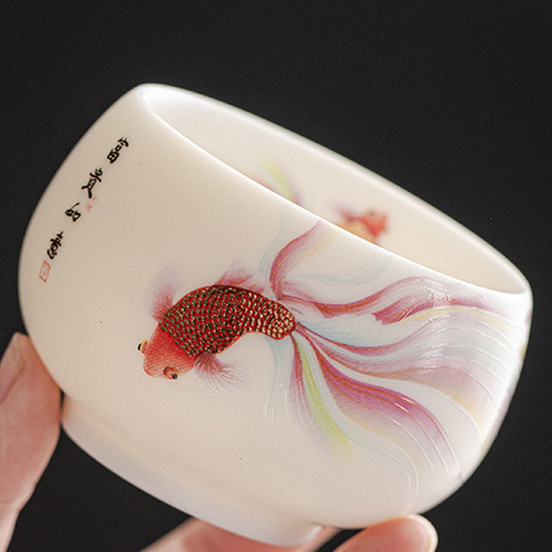 Buddha Stones Koi Fish White Porcelain Ceramic Teacup Kung Fu Tea Cup ...
