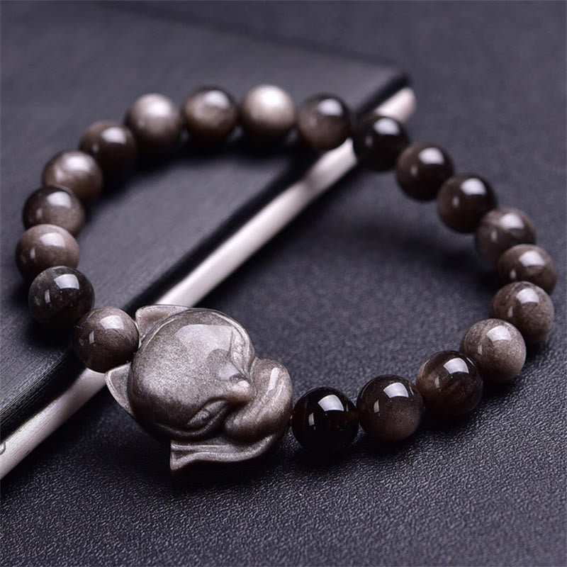 Buddha Stones Natural Silver Sheen Obsidian Fox Protection Bracelet ...