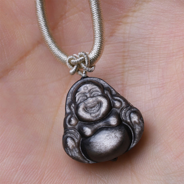 Buddha Stones Natural Silver Sheen Obsidian Laughing Buddha Protection ...