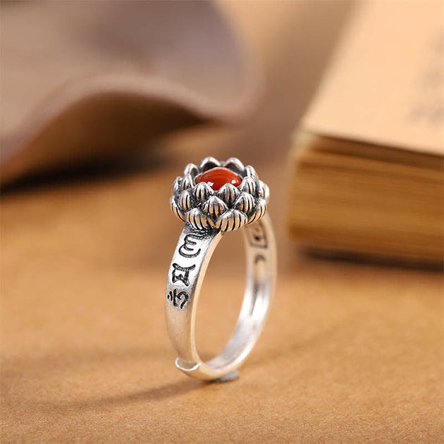 925 Sterling Silver Lotus Red Agate Confidence Blessing Ring (Extra 30 ...