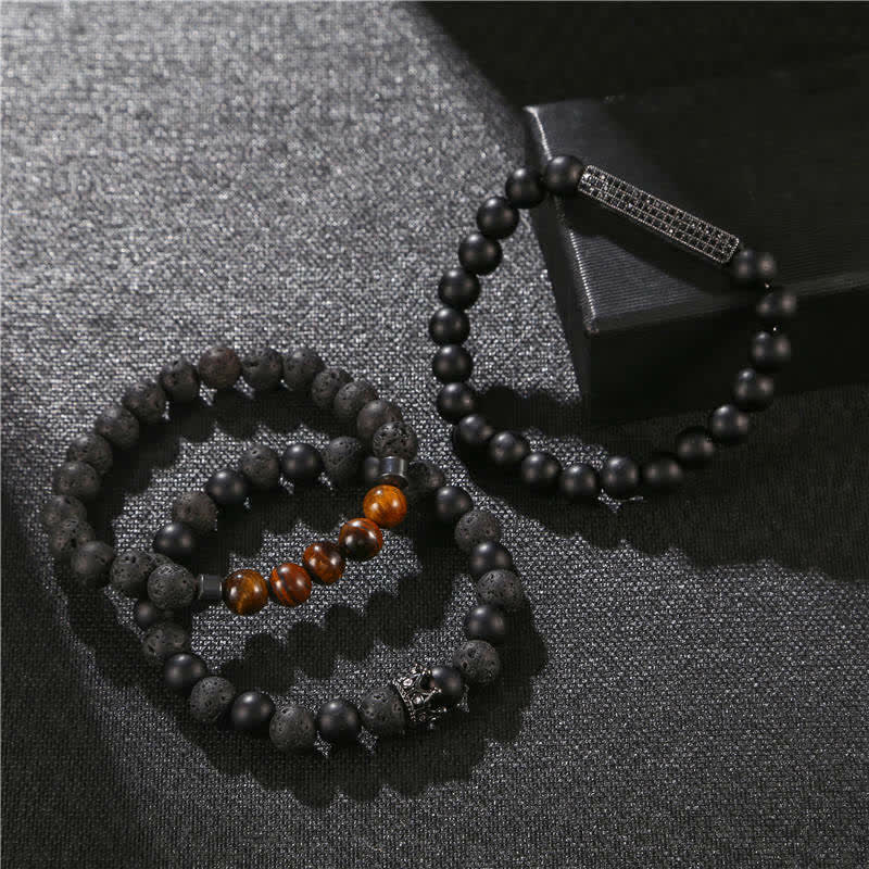 Buddha Stones 3Pcs Frosted Stone Lava Rock Tiger Eye Activate Bracelet ...