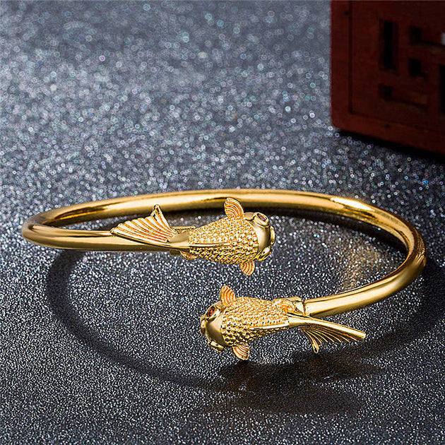 Buddha Stones Double Koi Fish Copper Prosperity Wealth Bracelet ...