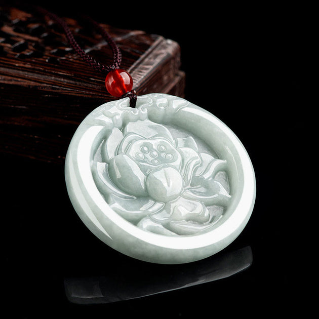 Buddha Stones Natural Jade Lotus Flower Carved Prosperity Necklace Pen ...