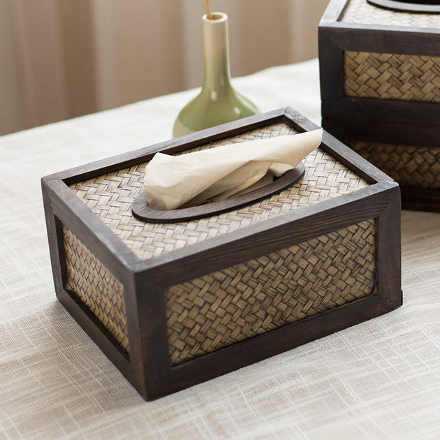 Buddha Stones Handmade Bamboo Woven Wood Tissue Box Wooden Tissue Hold ...