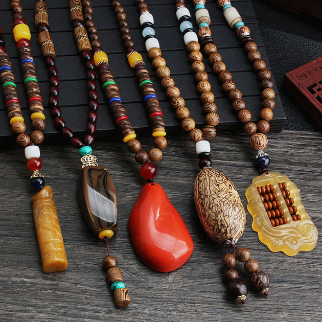 Buddha Stones Tibetan Wenge Wood Bodhi Seed Agate Balance Peace Neckla ...